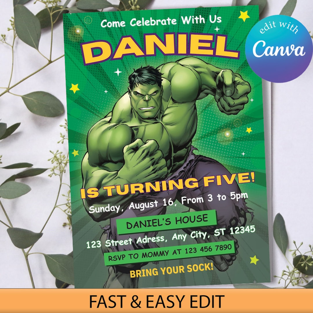 Hulk Editable Invitation, Super Heroes Birthday Invitation, the Hulk ...