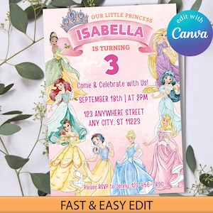Editable Princess Birthday Invitation, Girl Princess Birthday Party ...
