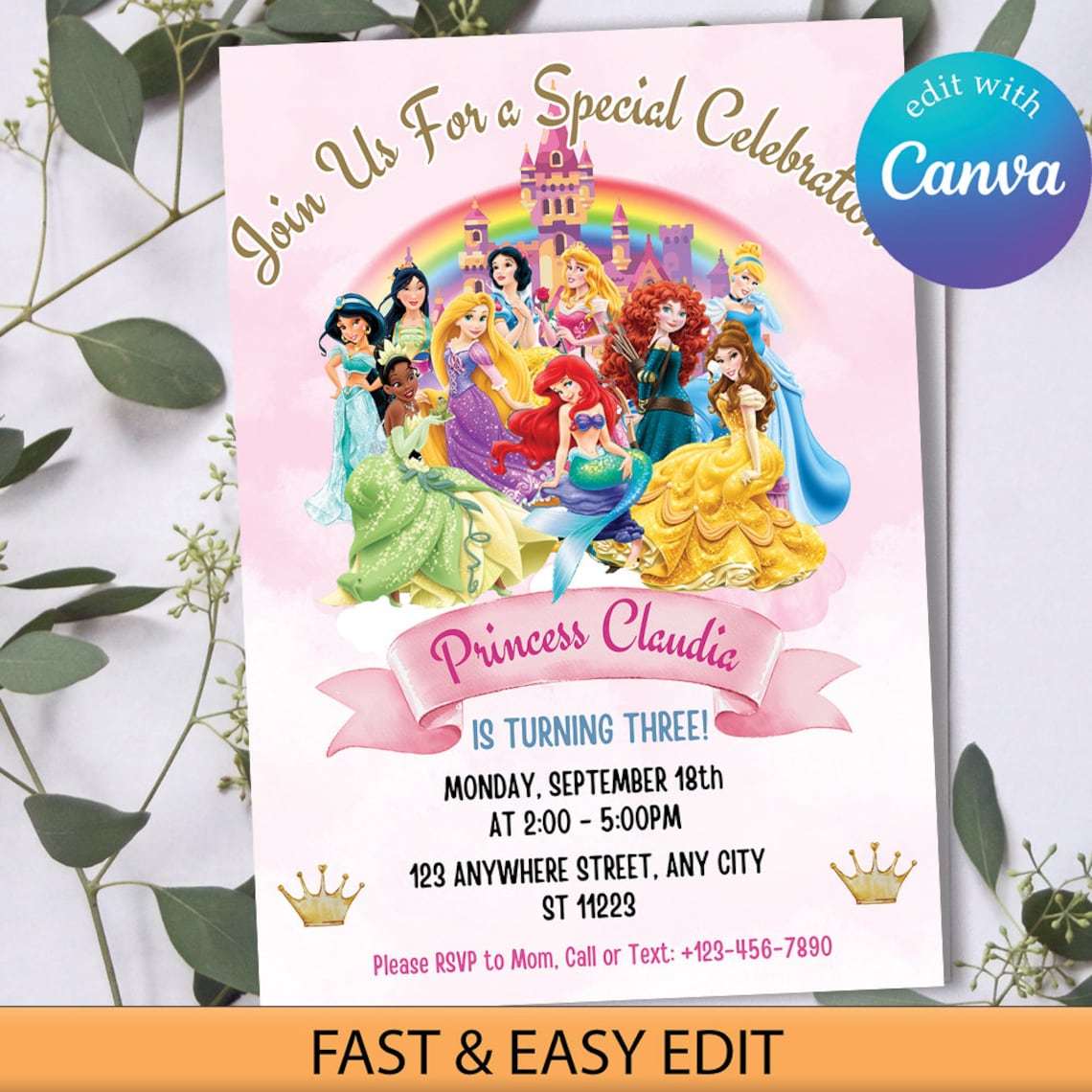 Princess Birthday Invitation Template Editable Printable, Princess ...