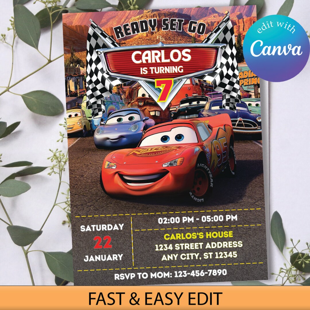 Cars Birthday Invitation, Cars Lightning Mcqueen Invitation, Kids ...