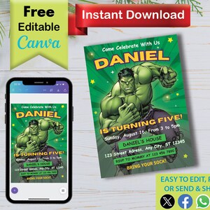 Hulk Editable Invitation, Super Heroes Birthday Invitation, the Hulk ...