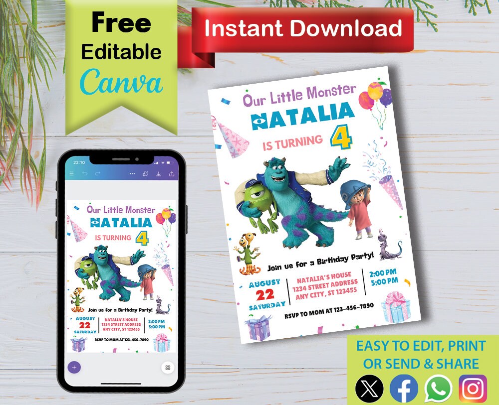 Editable Monsters Inc Boo Birthday Invitation, Printable Monsters ...