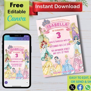 Editable Princess Birthday Invitation, Girl Princess Birthday Party ...