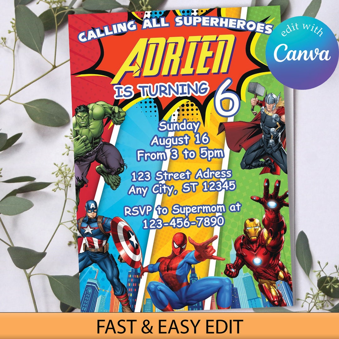 Avengers Invitation Editable Template, Superhero Birthday Invitation ...