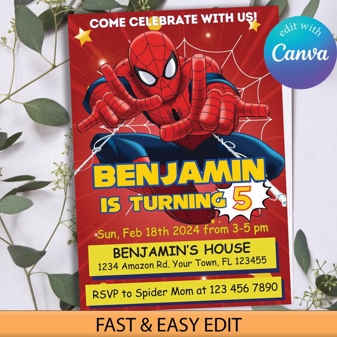 Editable Spiderman Birthday Invitation, Kids Birthday Party Invite ...