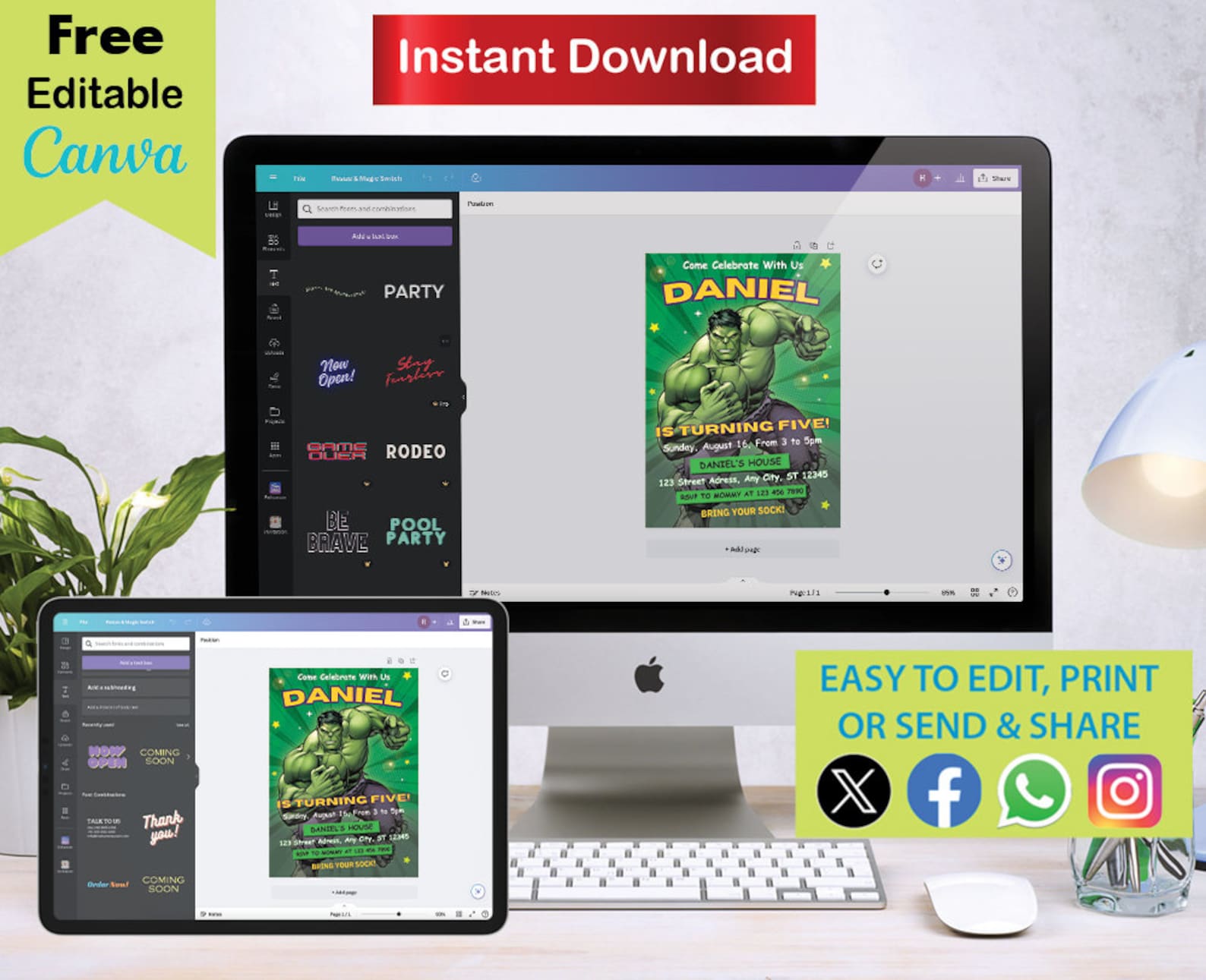 Hulk Editable Invitation, Super Heroes Birthday Invitation, the Hulk ...