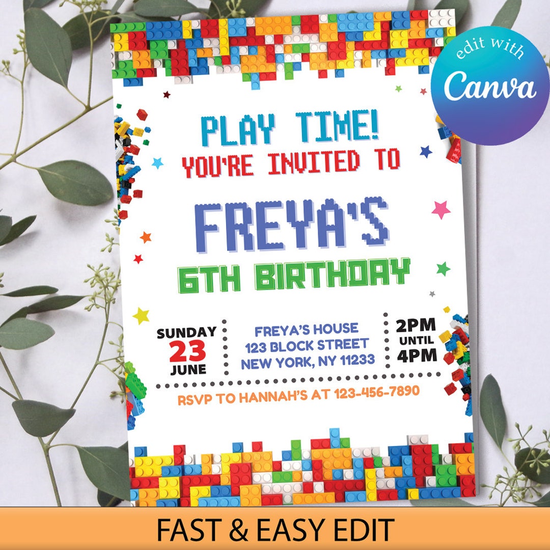 Editable Building Blocks Birthday Invitation Template, Blocks ...