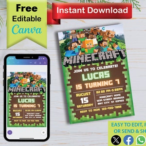 Minecraft Birthday Invitation, Gamer Birthday Invite, Minecrafter ...