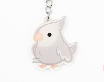 Albino Cockatiel Acrylic Bird Parrot Keychain Cartoon Kawaii Art Double ...