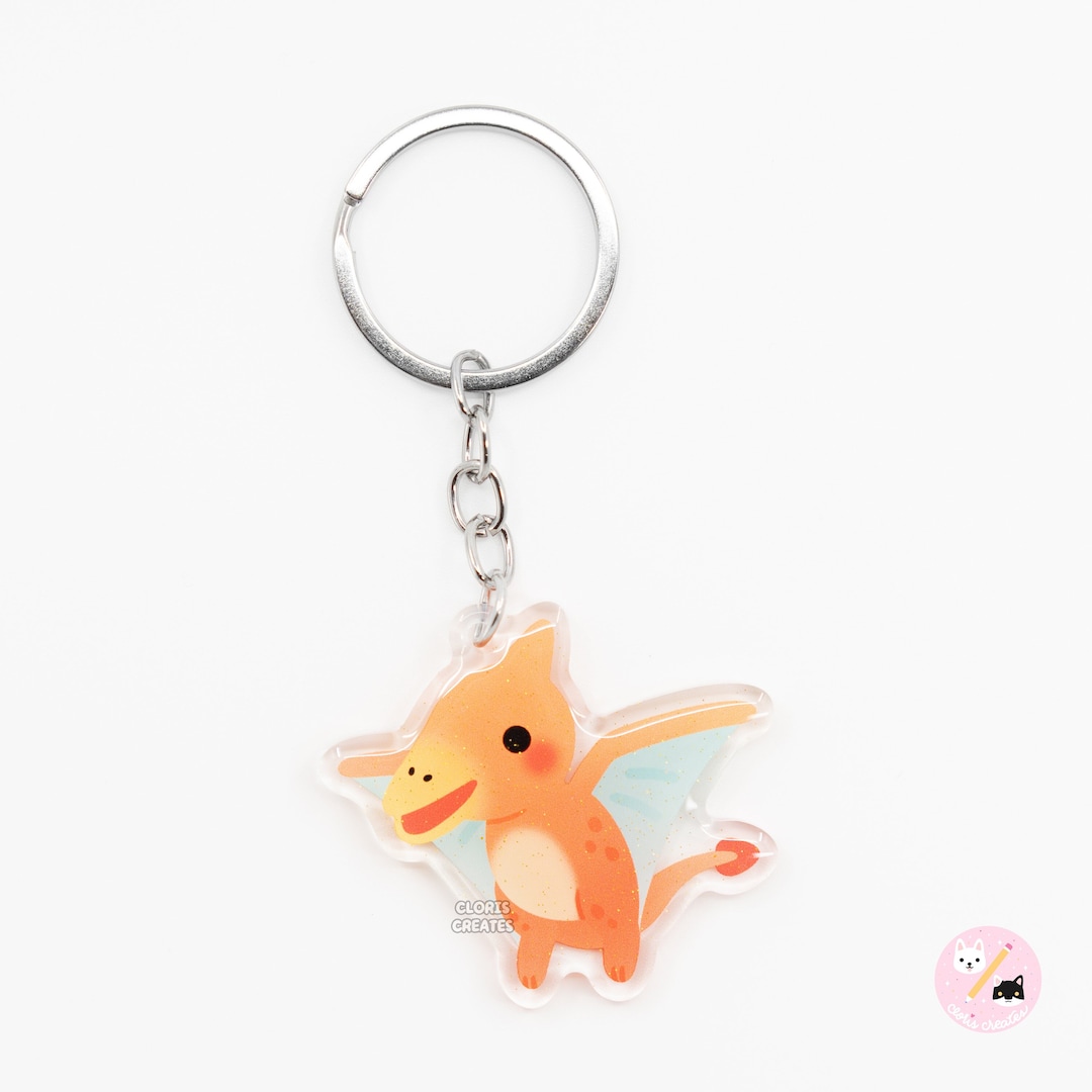 Pterodactyl Flying Dinosaur Acrylic Glitter Keychain | Kawaii Chibi ...