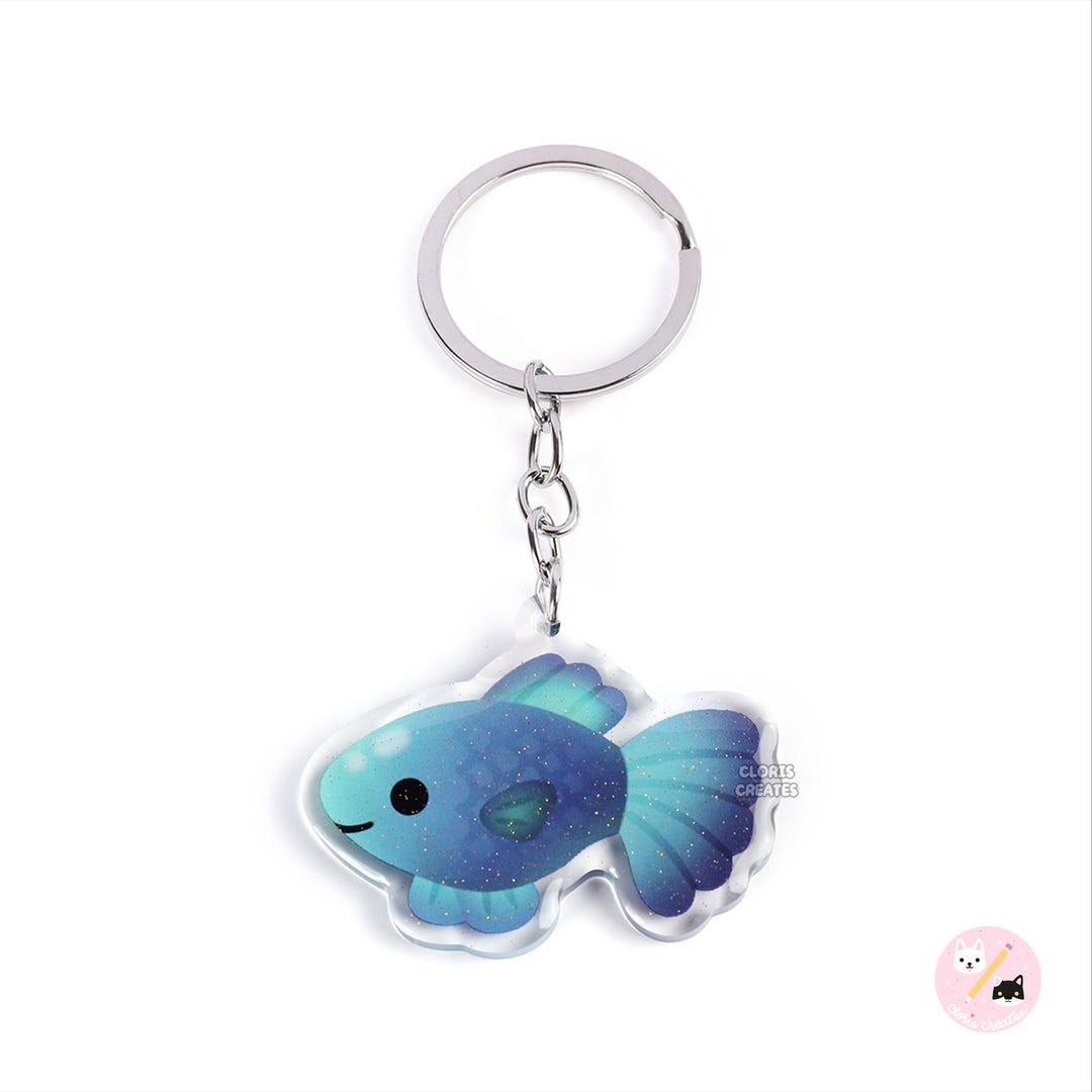 Blue Guppy Rainbow Fish Acrylic Glitter Keychain | Kawaii Cartoon ...