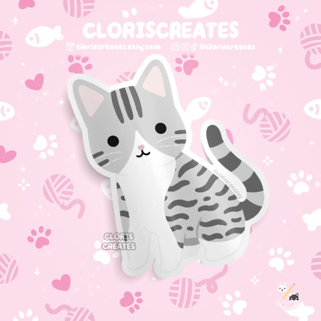 Silver Gray Tabby Cat Waterproof Vinyl Sticker | Kawaii Chibi Animal ...