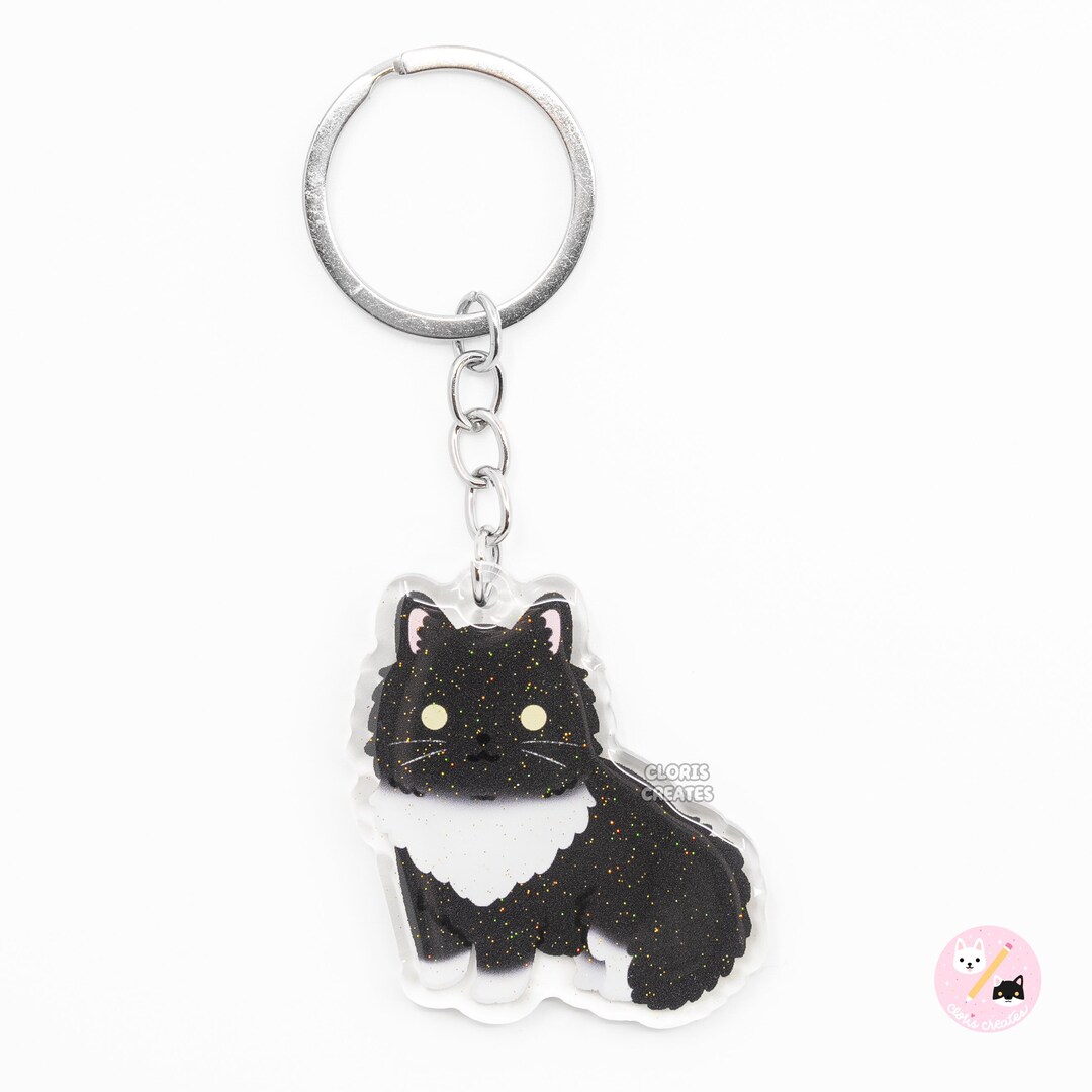 Black Longhaired Tuxedo Cat Acrylic Pet Breed Keychain | Cartoon Chibi ...
