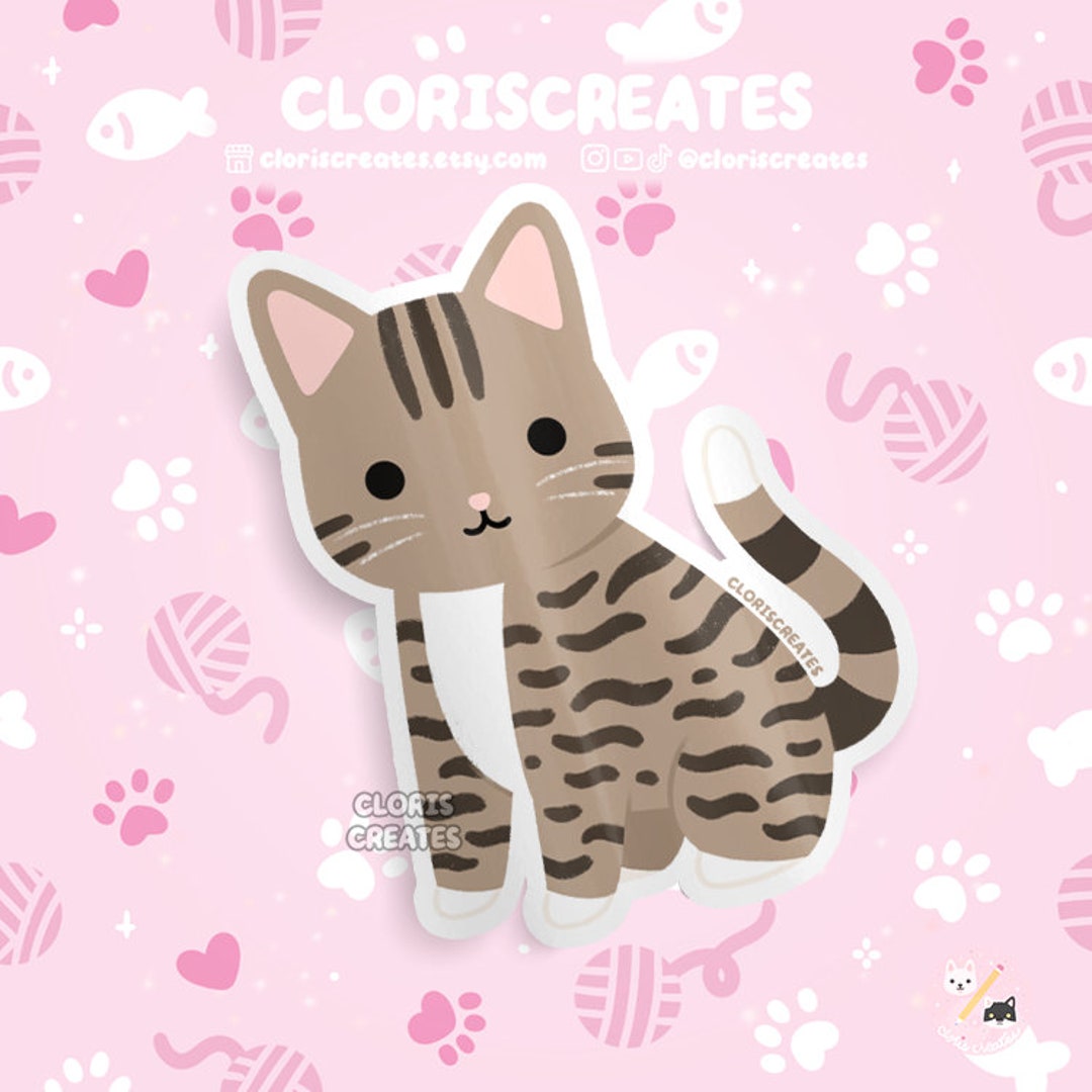Brown Tabby Cat Waterproof Vinyl Sticker | Kawaii Chibi Animal Laptop ...