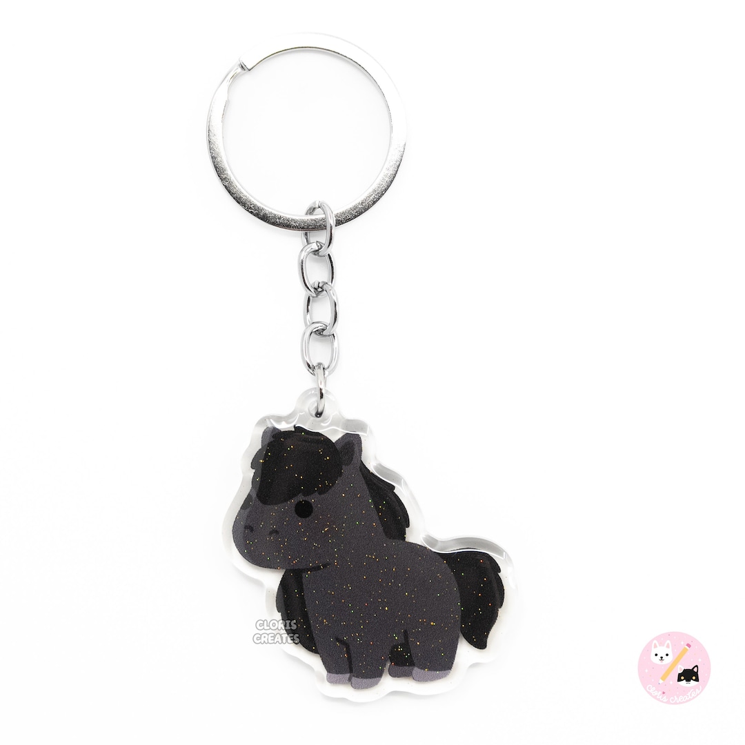 Black Friesian Horse Farm Animal Keychain | Cartoon Chibi Art Glitter ...