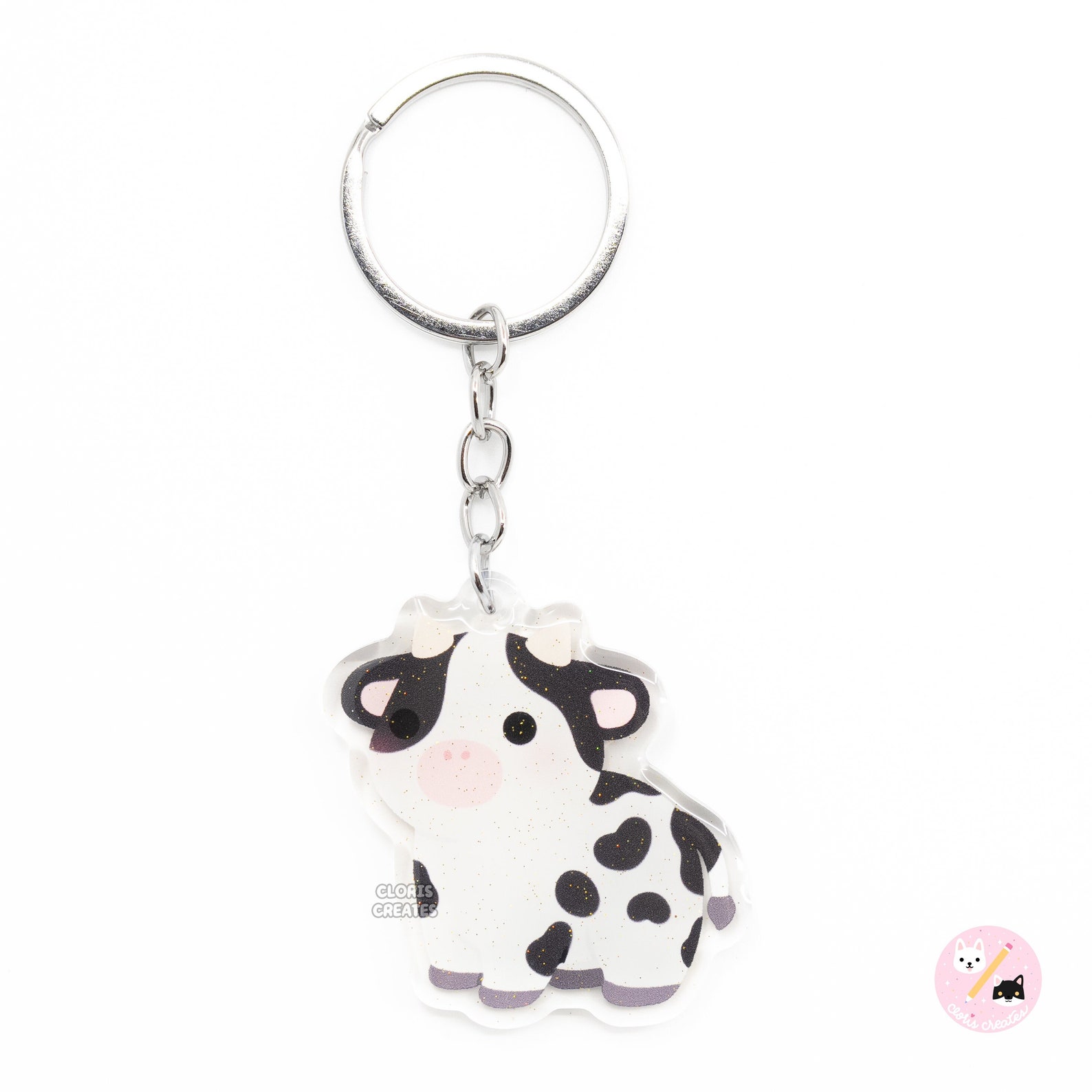 Dairy Cow Farm Animal Keychain Cartoon Chibi Art Glitter Acrylic Charm ...