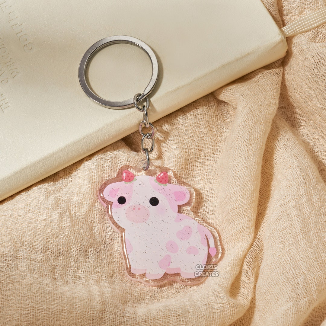 Strawberry Cow Fruity Farm Animal Keychain Cartoon Chibi Art Style ...