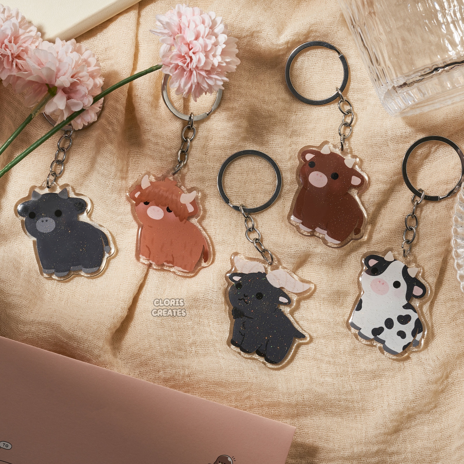 Dairy Cow Farm Animal Keychain | Cartoon Chibi Art Glitter Acrylic ...