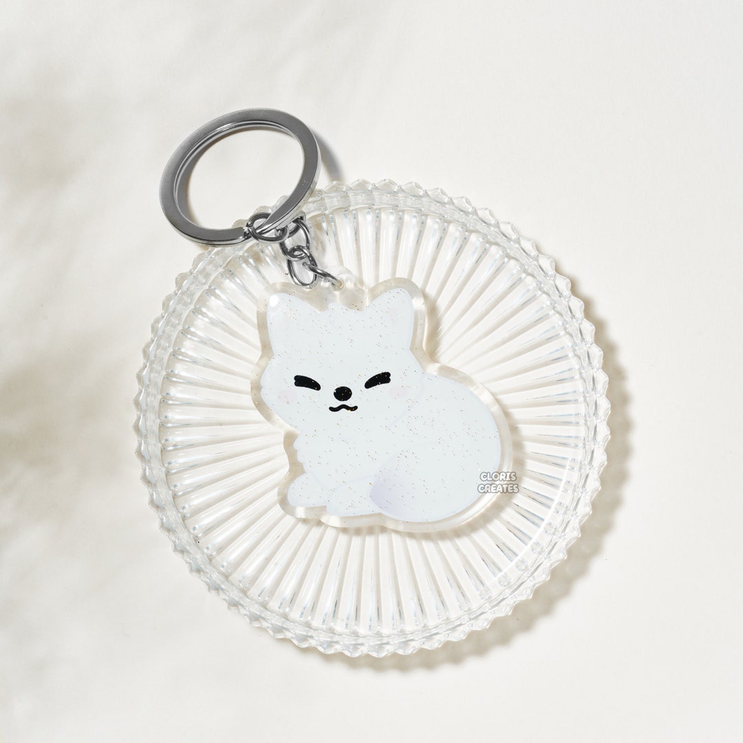 White Arctic Fox Acrylic Glitter Keychain Kawaii Chibi Wild - Etsy