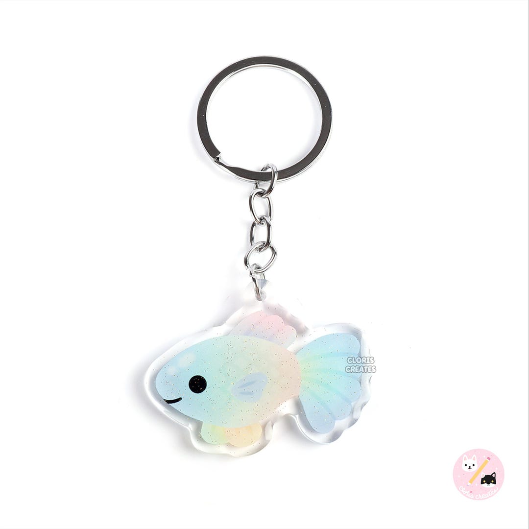 Rainbow Guppy Tropical Fish Acrylic Glitter Keychain | Kawaii Cartoon ...