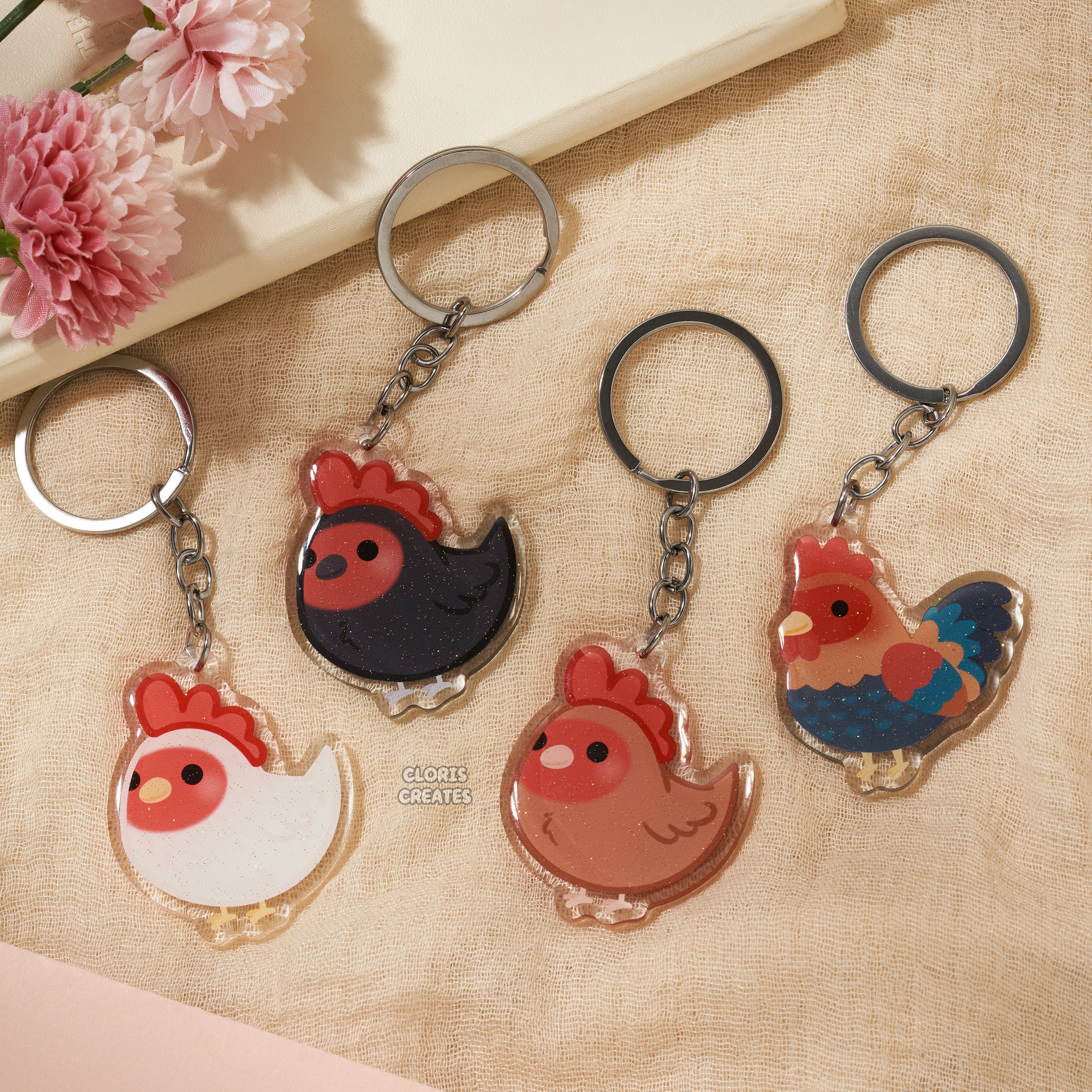 Rooster Farm Animal Keychain | Cartoon Chibi Art Glitter Acrylic Bird ...