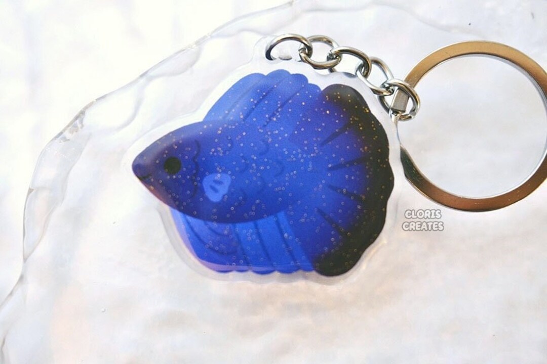 Betta Fish Blue Halfmoon Keychain Cartoon Aquarium Art Double Sided ...