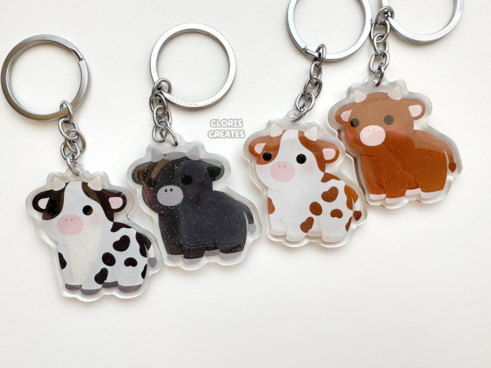 Dairy Cow Farm Animal Keychain | Cartoon Chibi Art Glitter Acrylic ...