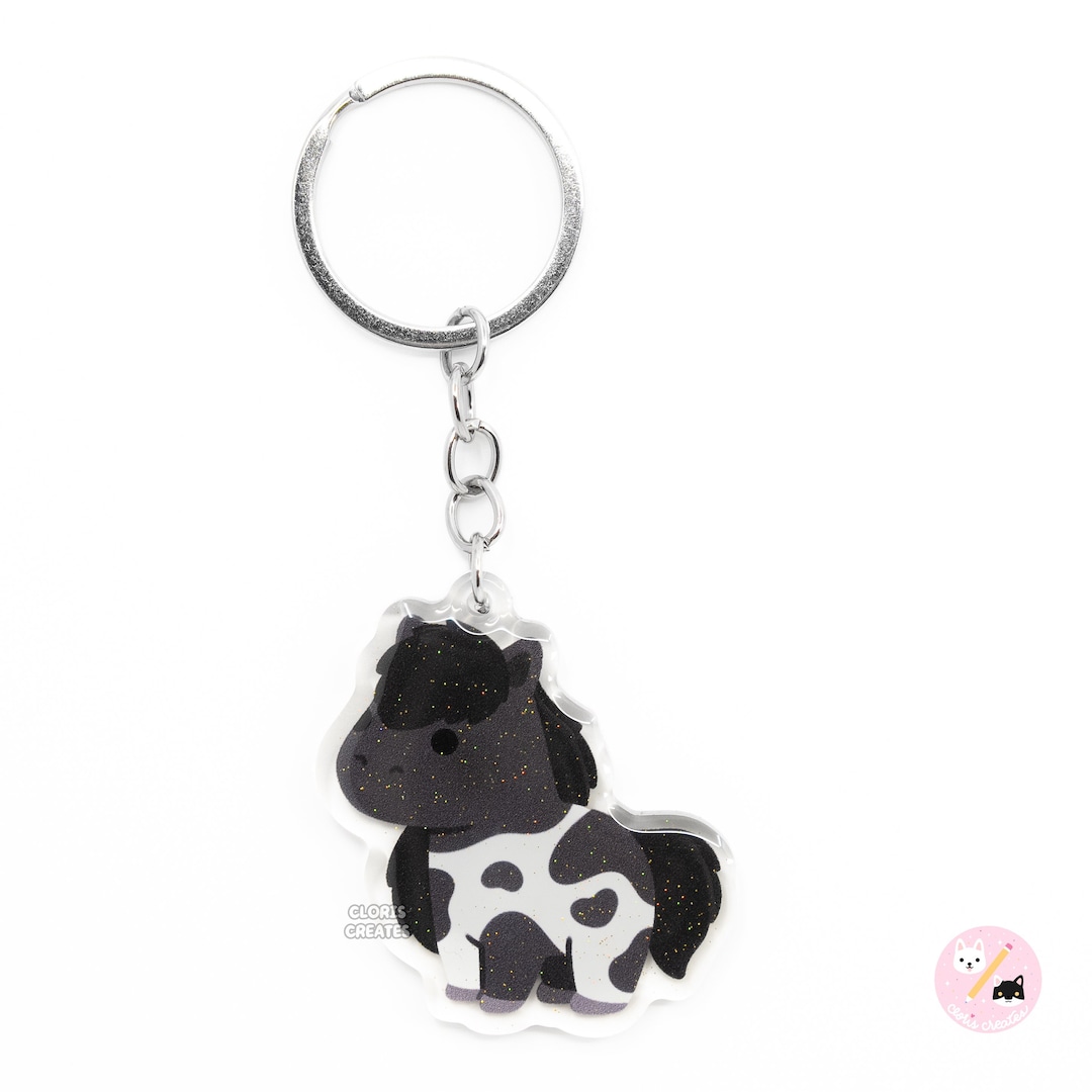 Black Spotted Pinto Painted Horse Keychain | Cartoon Chibi Art Glitter ...
