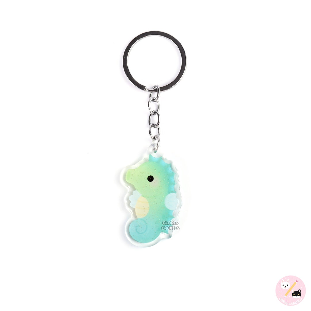 Green Seahorse Acrylic Glitter Keychain | Kawaii Chibi Ocean Marine ...