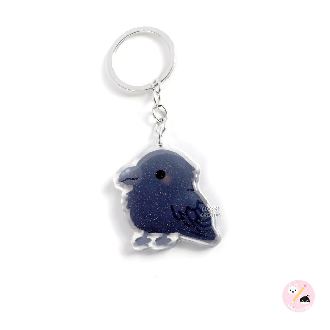 Raven Crow Corvid Bird Acrylic Glitter Keychain | Kawaii Chibi Wild ...