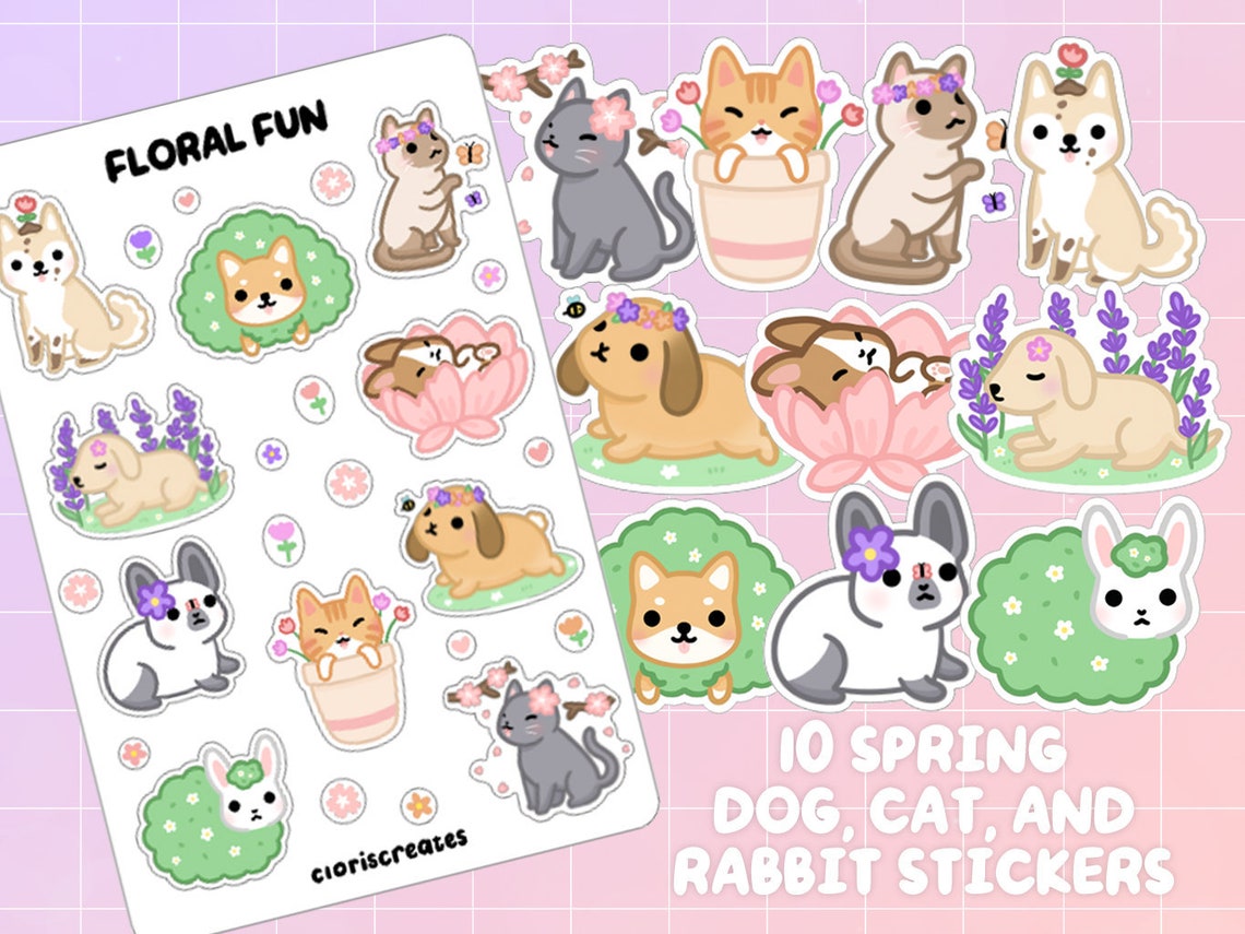 Floral Fun Stickers Cute Spring Dog Cat Rabbits Planner Etsy floral-fun-stickers-cute-spring-dog-cat-rabbits-planner-etsy