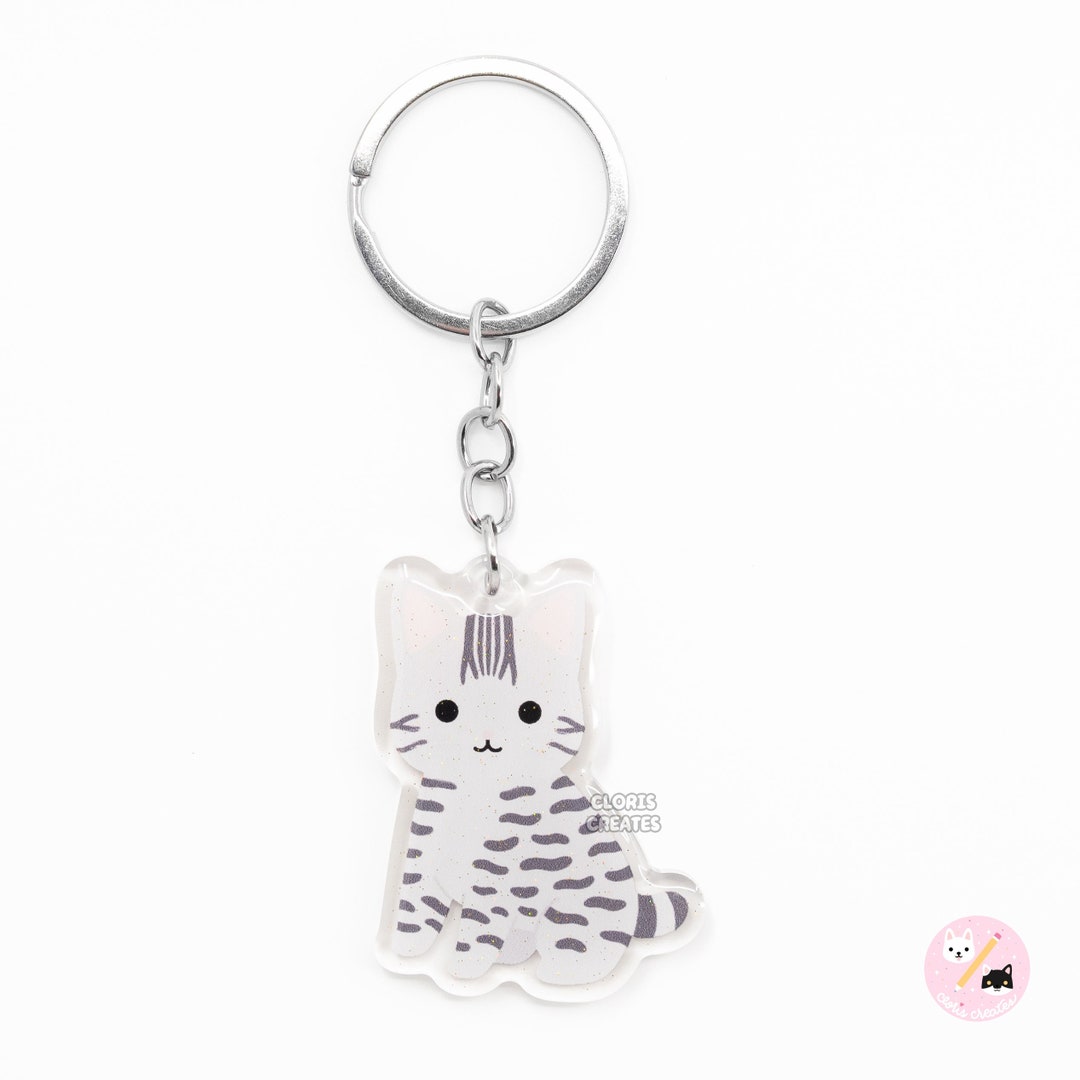 Silver Gray Tabby American Bobtail Cat Clear Acrylic Pet Breed Keychain ...