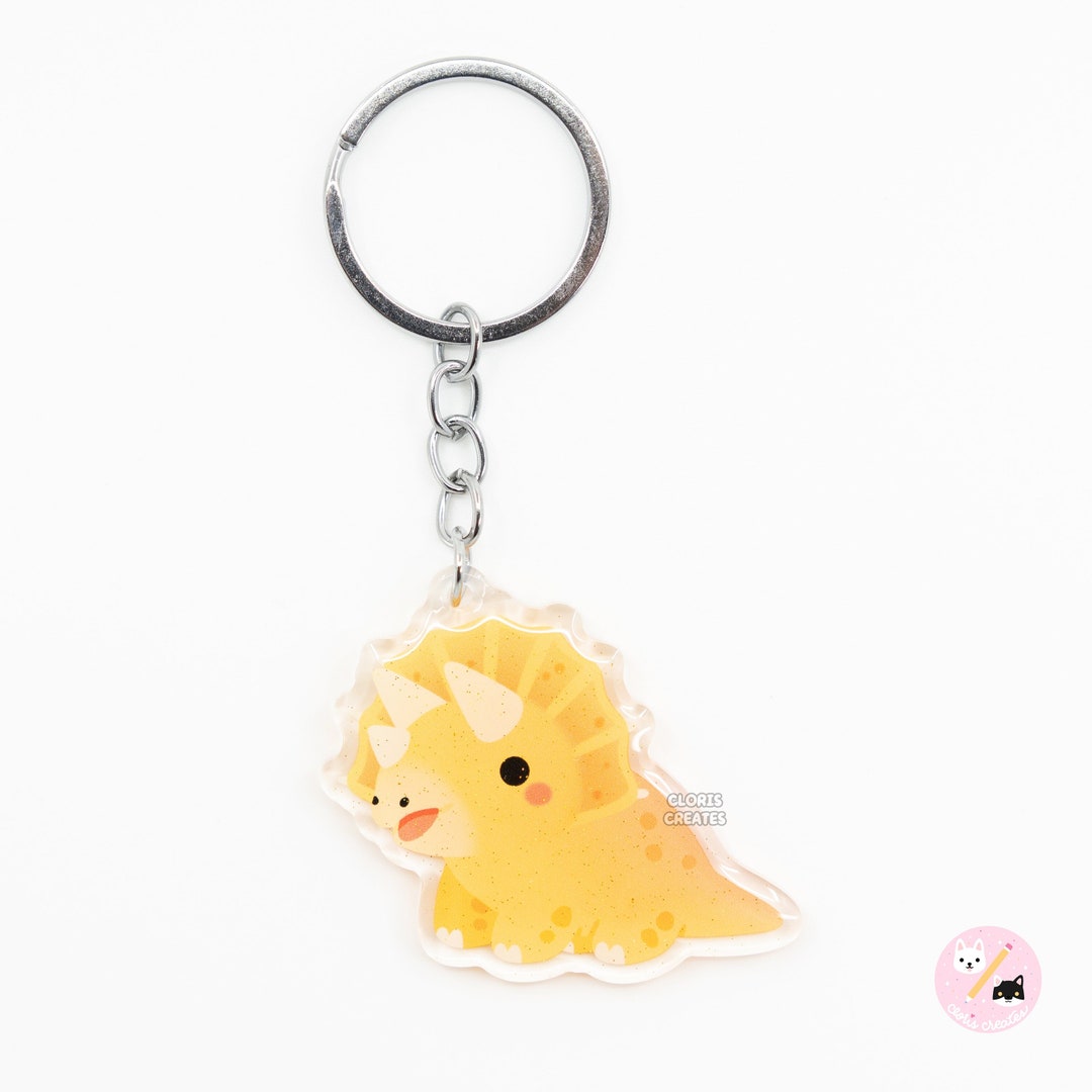 Triceratops Yellow Dinosaur Acrylic Glitter Keychain | Kawaii Chibi ...