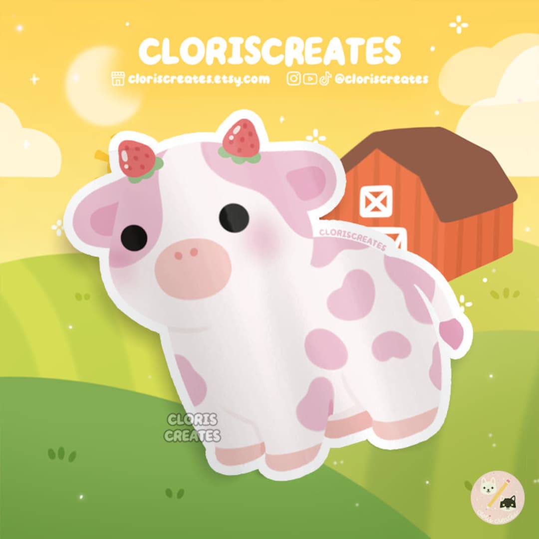 Strawberry Fruity Cow Waterproof Vinyl Sticker | Kawaii Chibi Petting ...