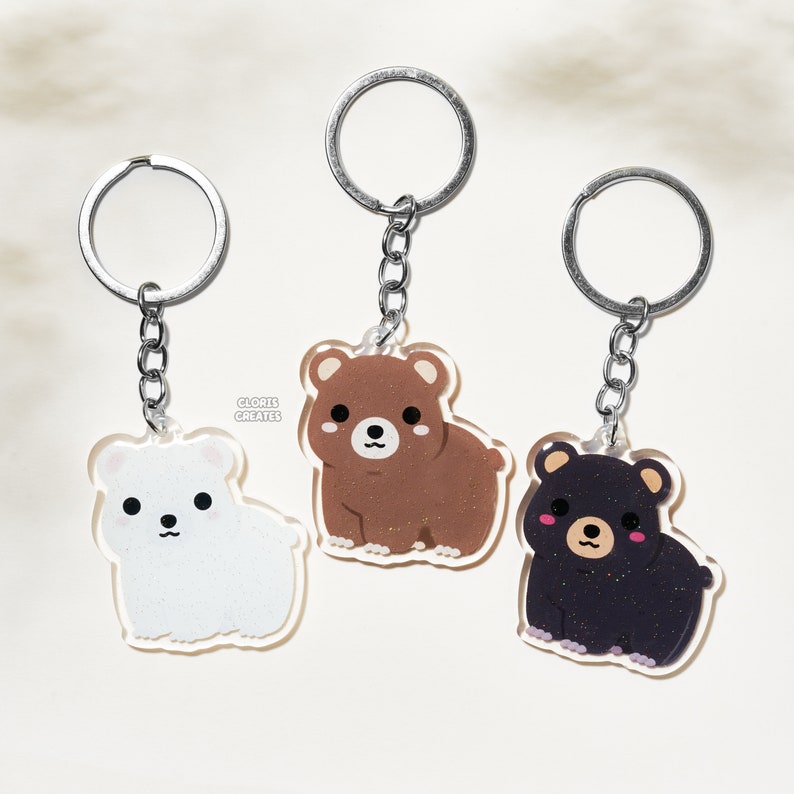 Brown Grizzly Bear Acrylic Glitter Keychain | Kawaii Chibi Wild Animal ...