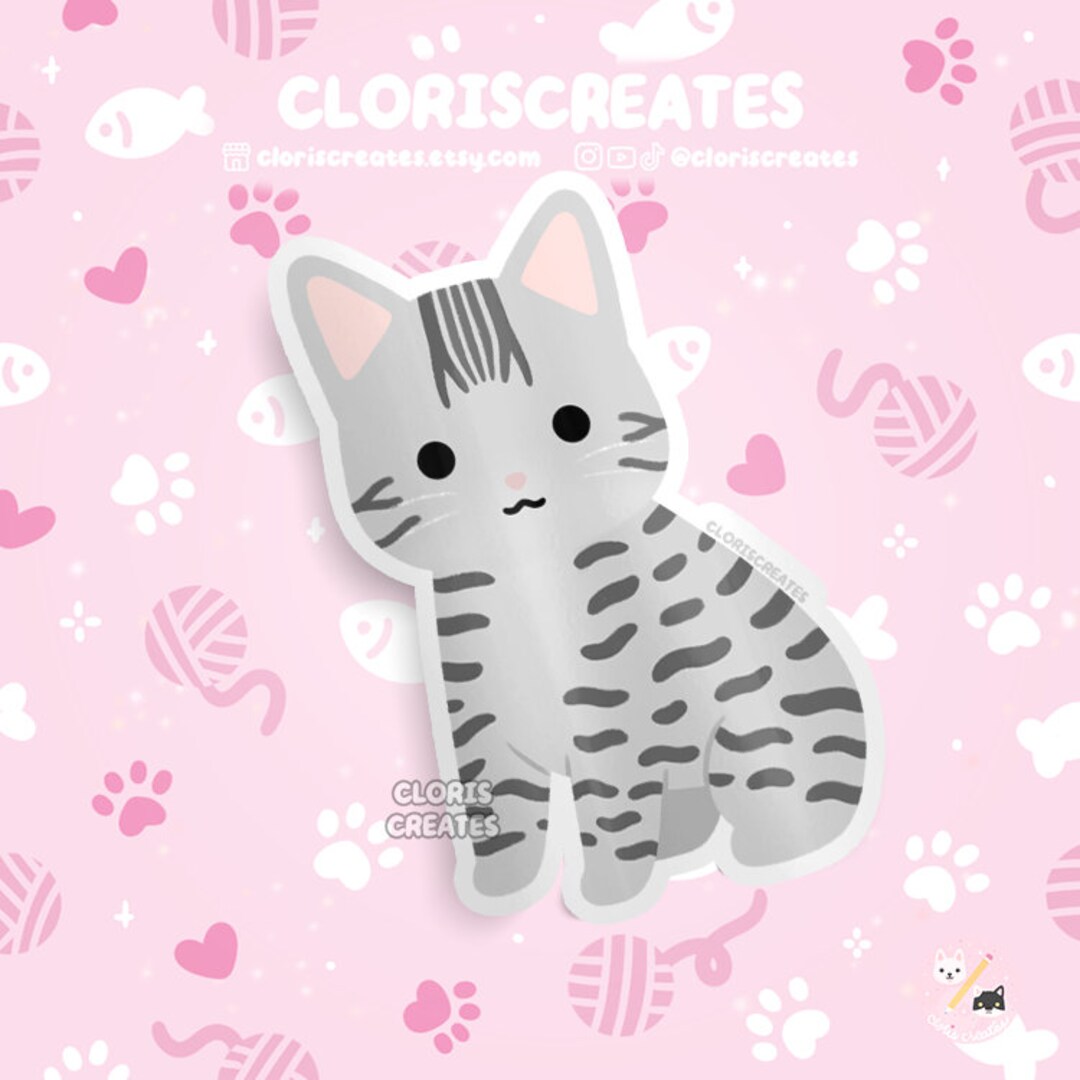 Silver Gray Manx Tabby Cat Waterproof Vinyl Sticker | Kawaii Chibi ...