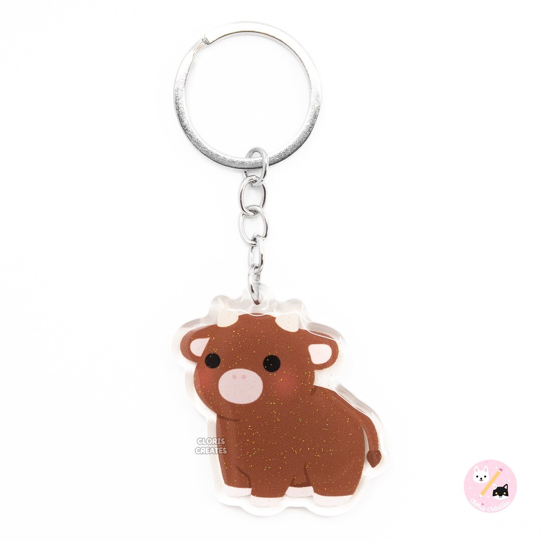 Brown Dairy Cow Farm Animal Keychain | Cartoon Chibi Art Glitter ...