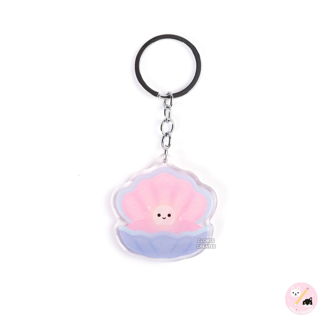 Clam and Pearl Acrylic Glitter Keychain | Kawaii Chibi Shellfish Marine ...