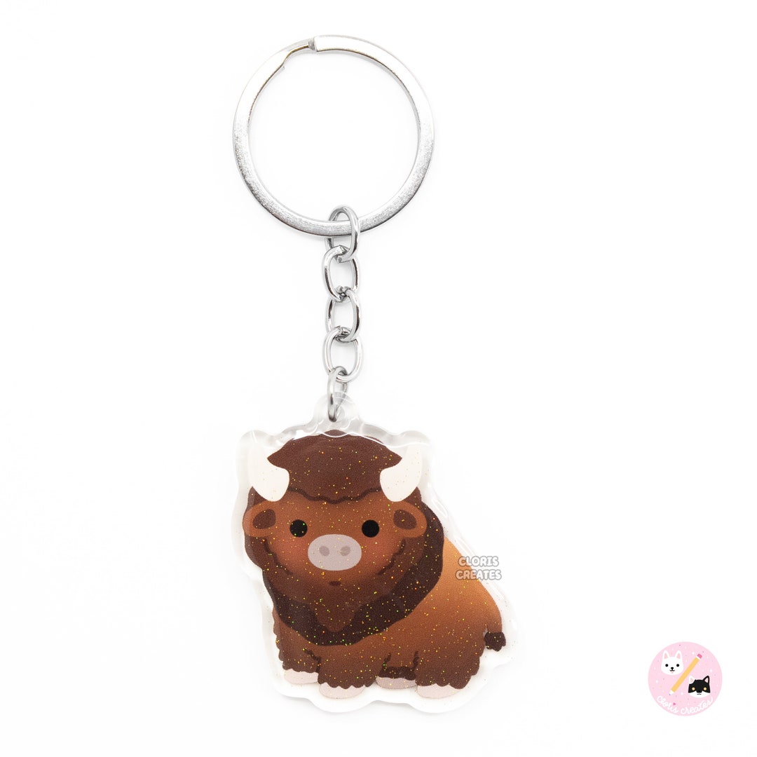 Bison American Wildlife Keychain | Cartoon Chibi Art Glitter Acrylic ...