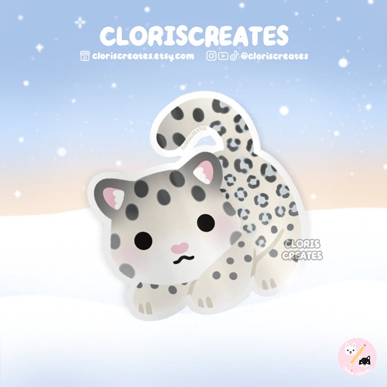 Snow Leopard Waterproof Vinyl Sticker Kawaii Chibi Big Wildcat Animal ...