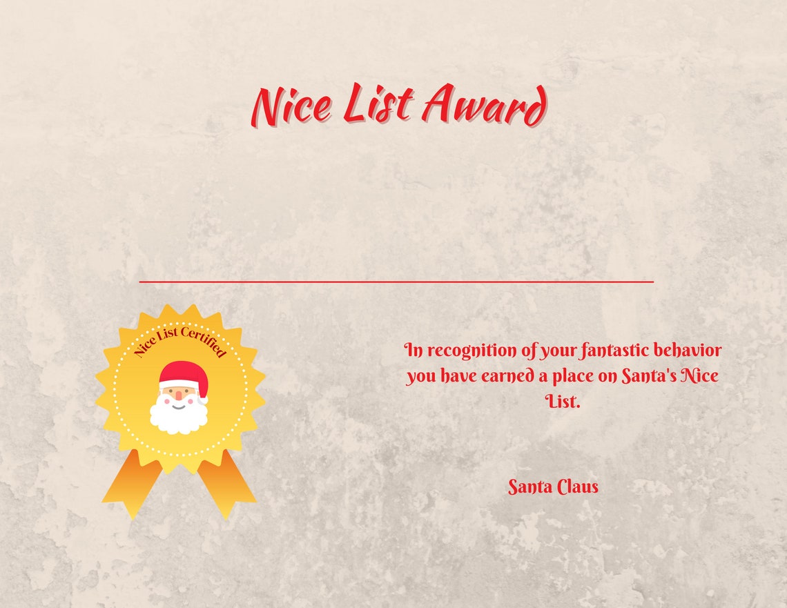 Downloadable Nice List Award, Certificate for Children, Christmas ...