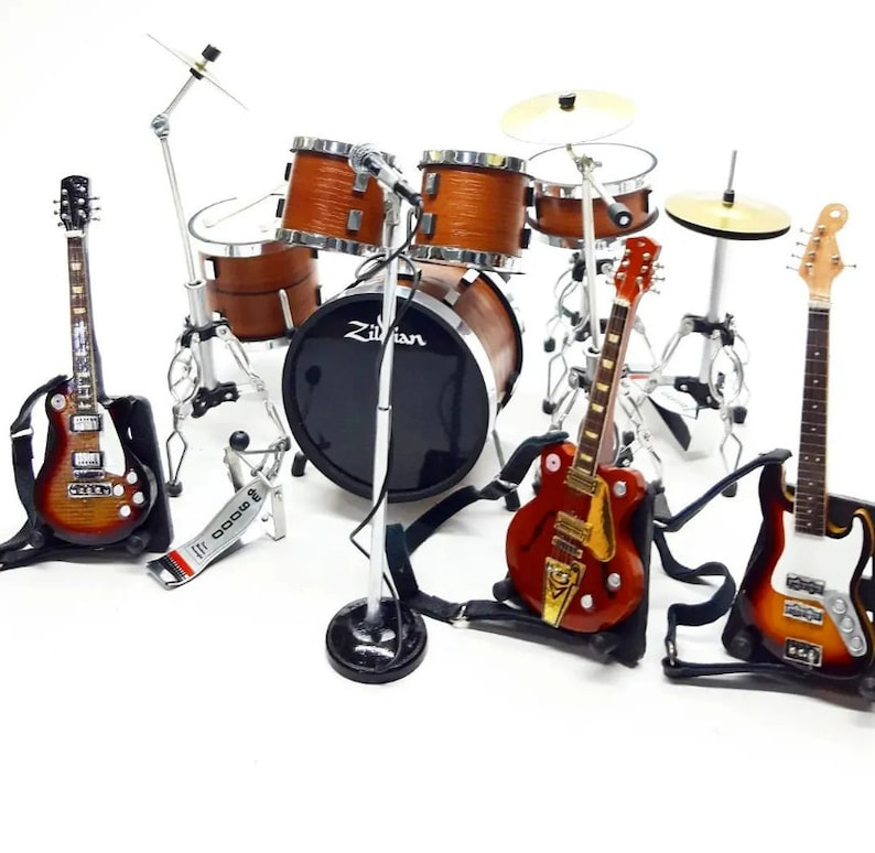 Miniature Drum Set Brown 3 Guitars Free Strap Mic Musical - Etsy