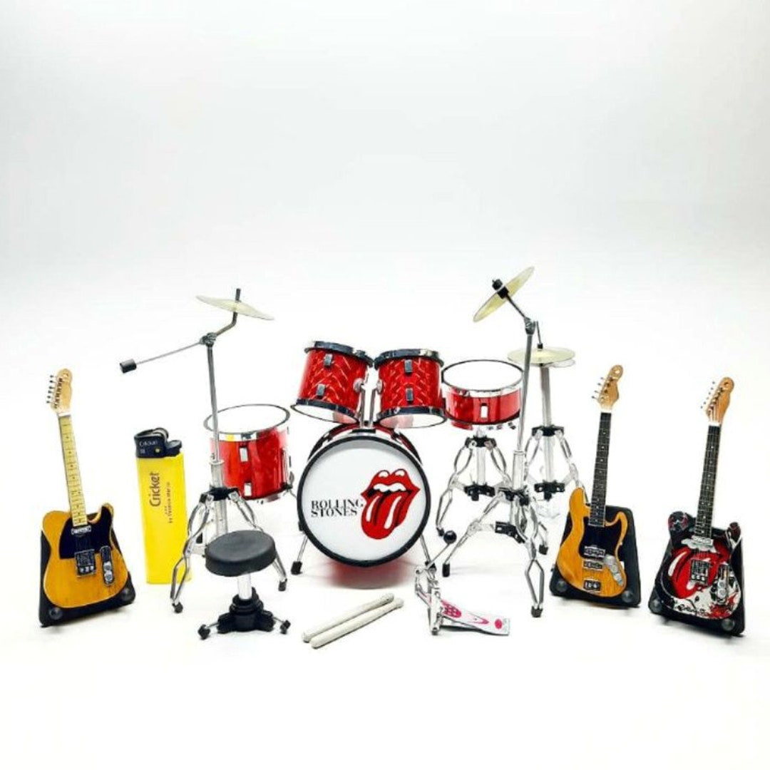 Miniature Drum Set Signature Red With 3 Guitars Instrument Display Gift ...