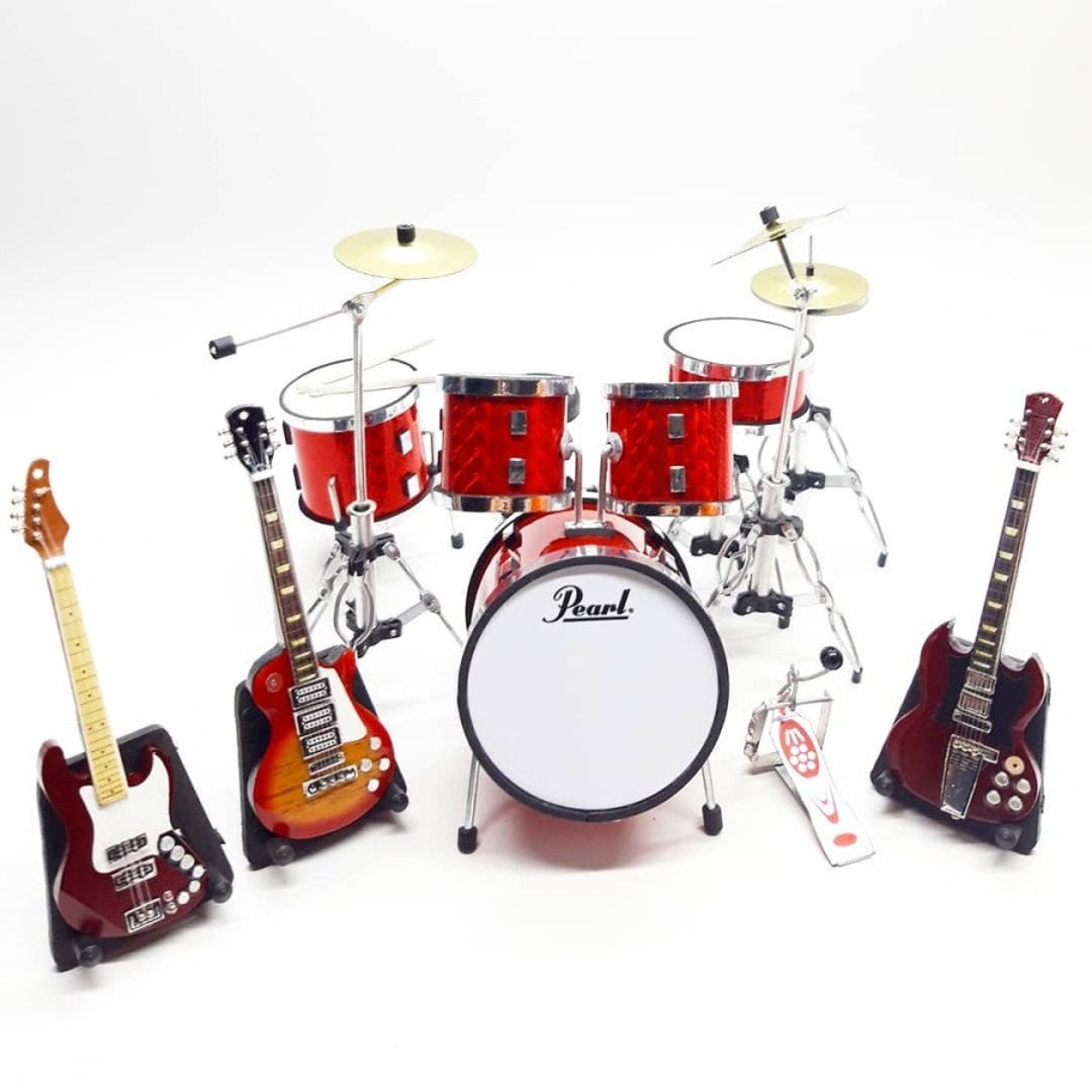 Miniature Drum Set RED Plus Guitar 1/12 Musical Instruments Display ...