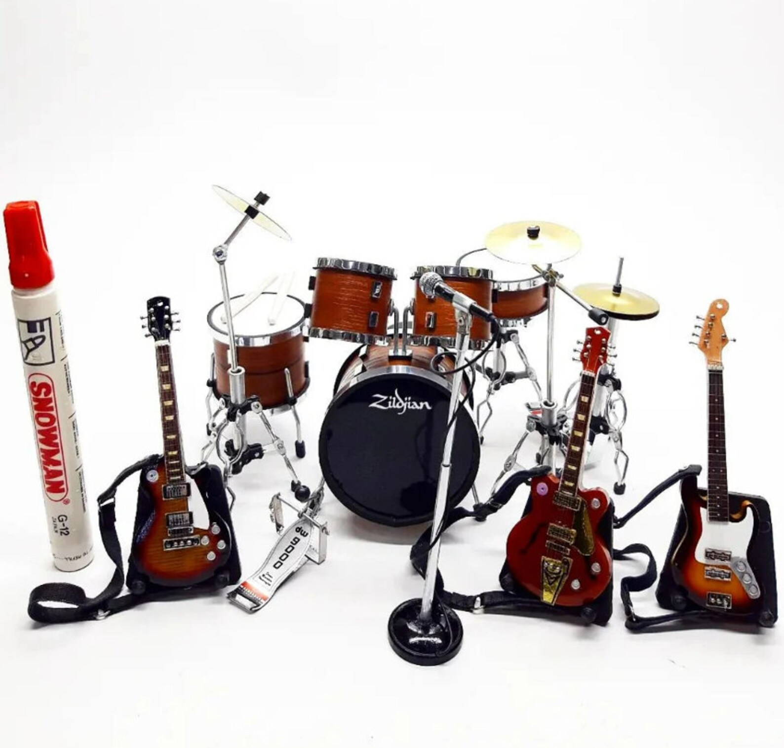 Miniature Drum Set Brown 3 Guitars Free Strap Mic Musical - Etsy