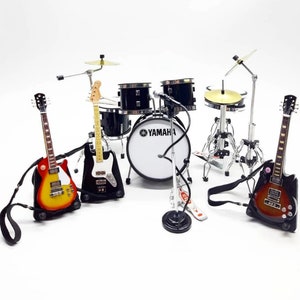 Miniature Drum Set Full Black Star + 3 Guitars Free Strap Mic Musical ...