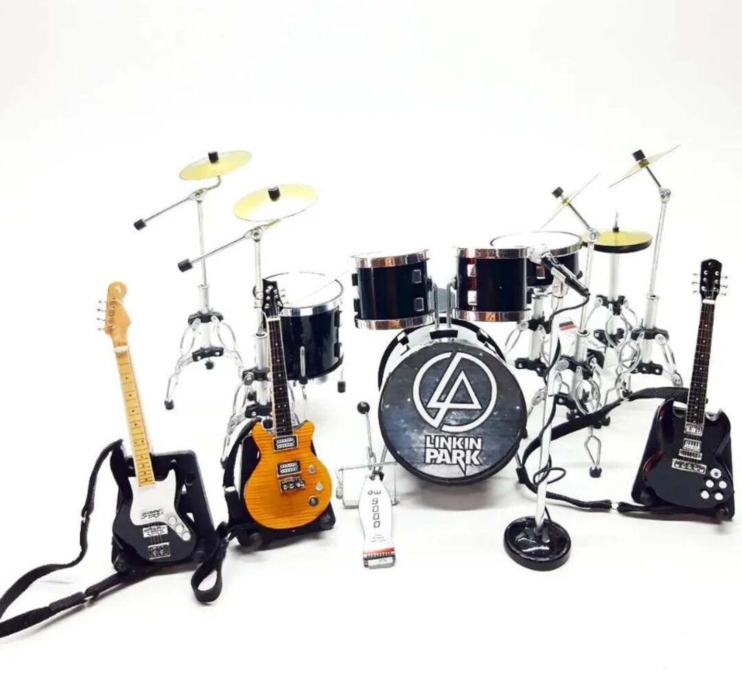 Miniature Drum Set Black Metal Rock With Guitars and Microphone Display ...