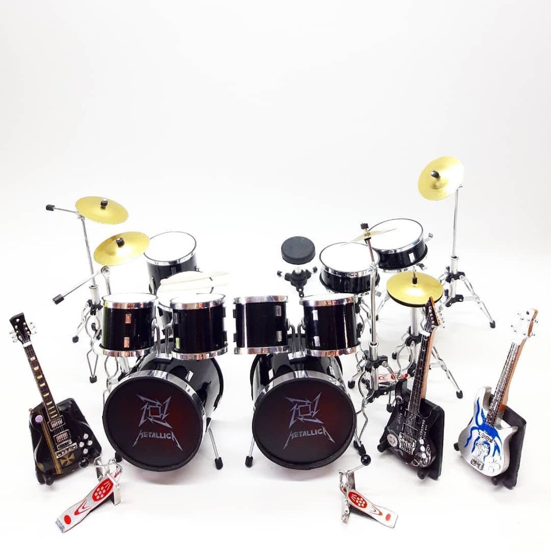 Miniature Drum Double Metal Band Rock + 3 Guitars Bass Mini Figure ...