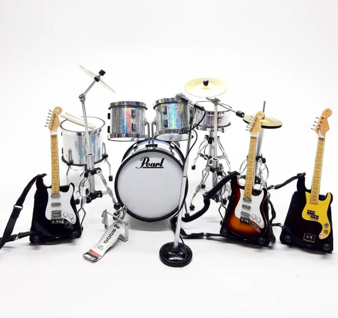 Miniature Drum Set Silver + 3 Guitars Free Strap + Mic Musical ...
