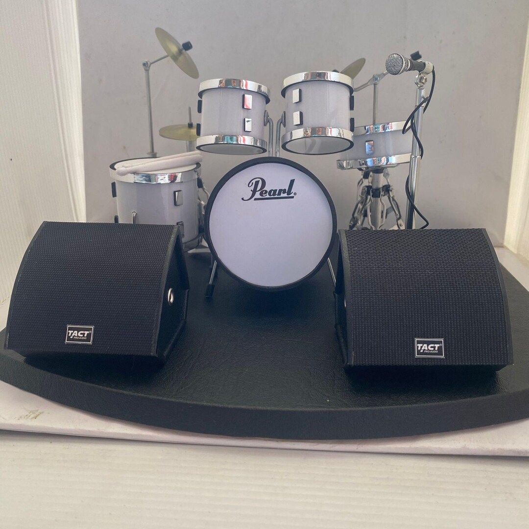 Miniature Drum Kit Rock Band White and Monitor Set Mic Musical Instrument Display Gift Scale 1: ...